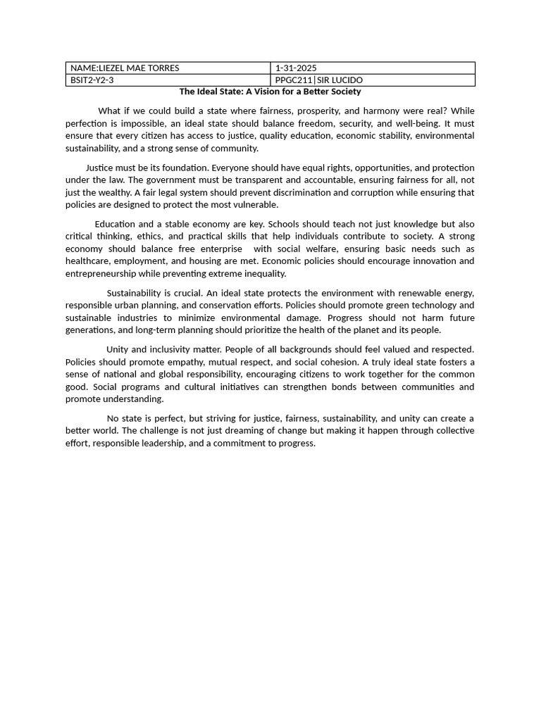 Vision for an Ideal State: Justice & Unity | PDF