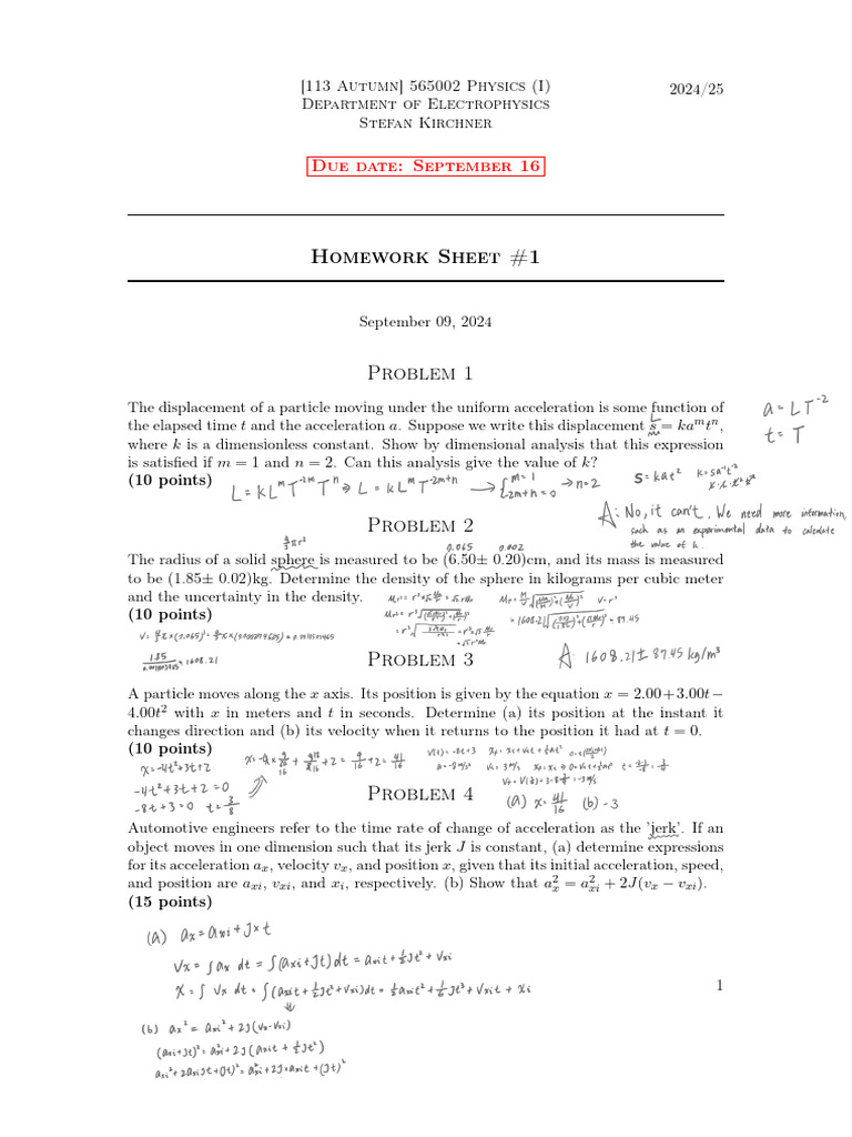 Physics Homework Sheet #1 Solutions | PDF | Acceleration | Physics