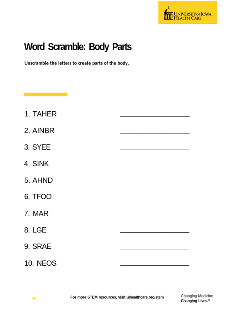 Body Parts Word Scramble | PDF