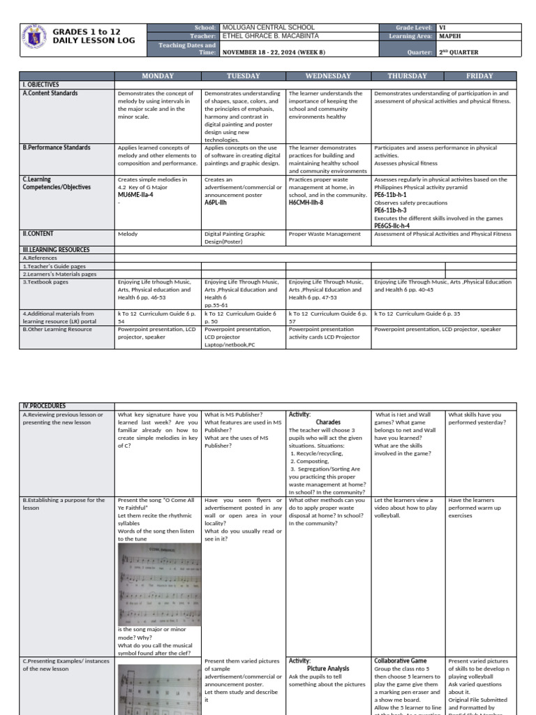 DLL_MAPEH 6_Q2_W8 | PDF | Learning | Curriculum