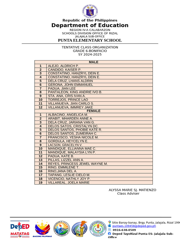 Tentative Class Organization 6-Binifacio | PDF