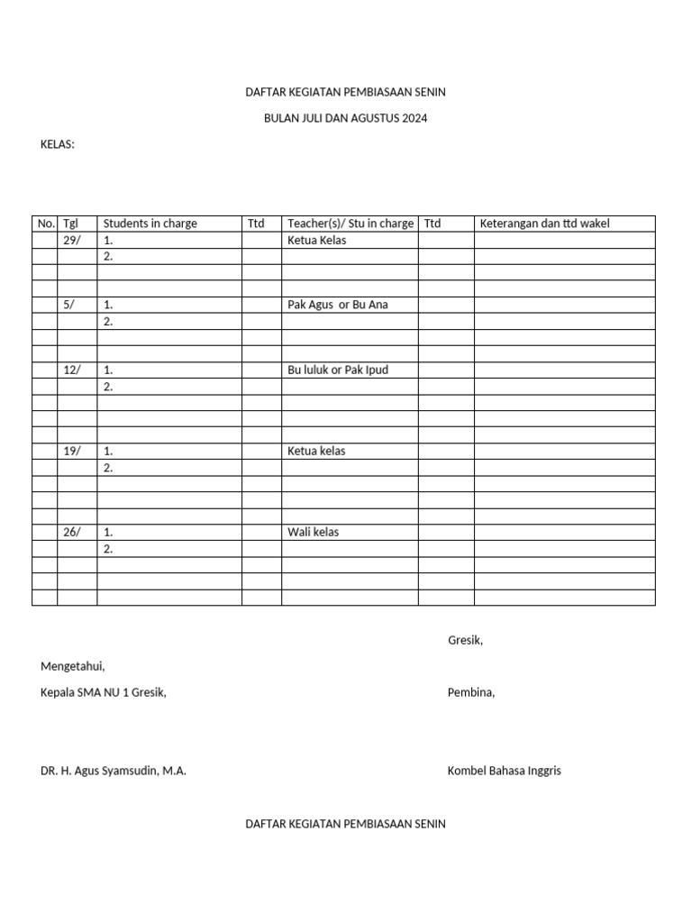 DAFTAR KEGIATAN | PDF