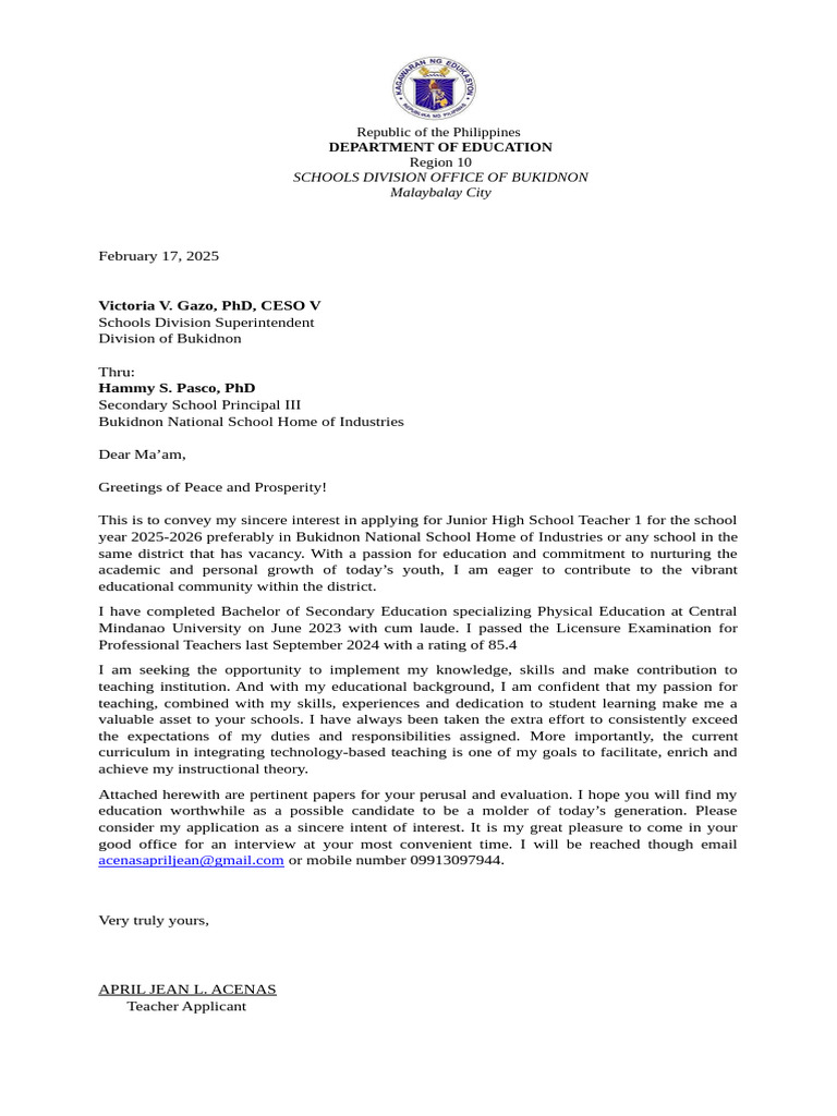 Intent Letter Jhs Bukidnon | PDF