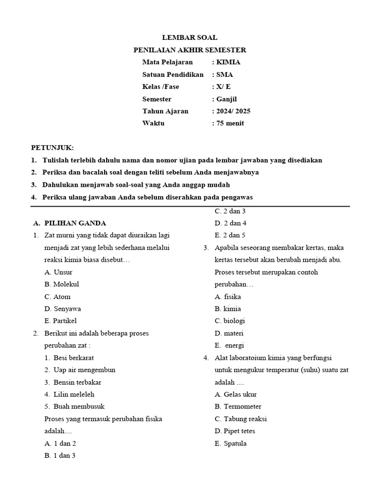 SOAL PAS KIMIA Kls X Fase E Sem 1 - 2024 | PDF