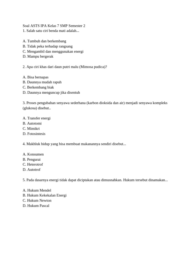 Soal ASTS IPA Kelas 7 SMP Semester 2 | PDF