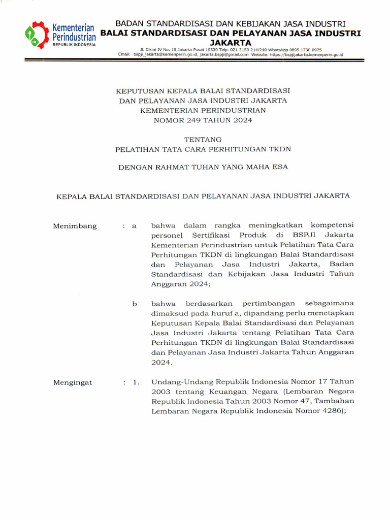 SK 249 Tahun 2024 Tentang Pelatihan Tata Cara Perhitungan TKDN | PDF