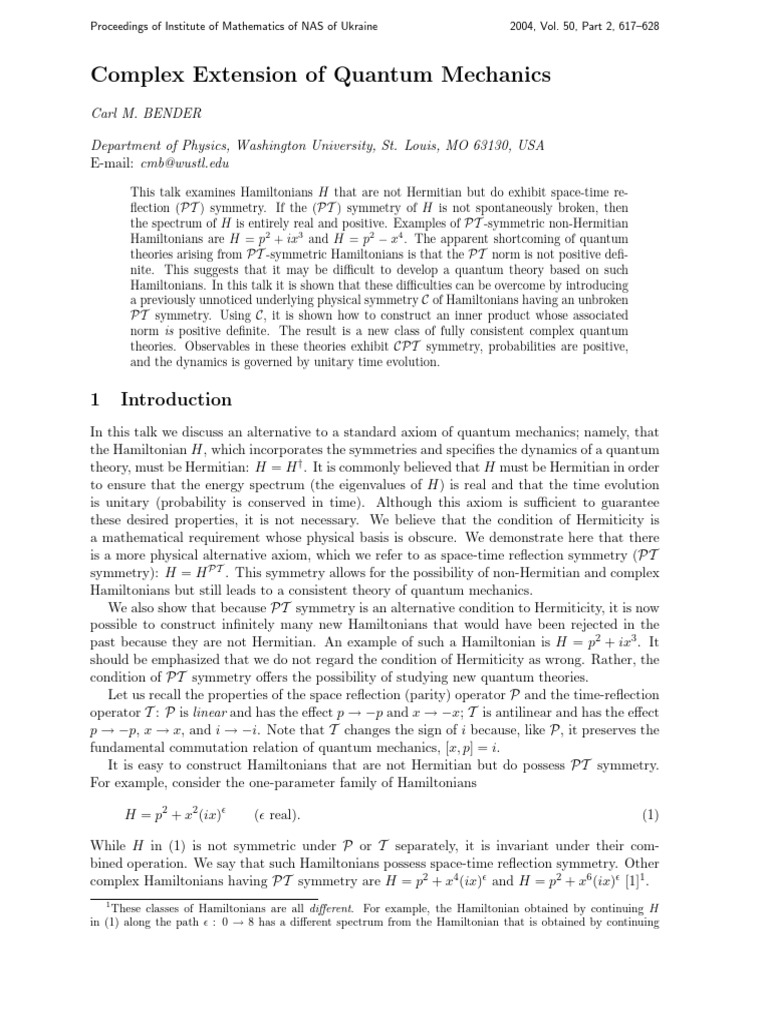Complex_Extension_of_Quantum_Mechanics | PDF | Hamiltonian (Quantum Mechanics) | Schrödinger ...
