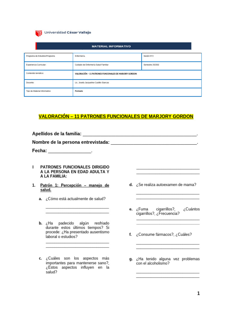 Valoración - 11 Patrones Funcionales de Marjory Gordon | PDF