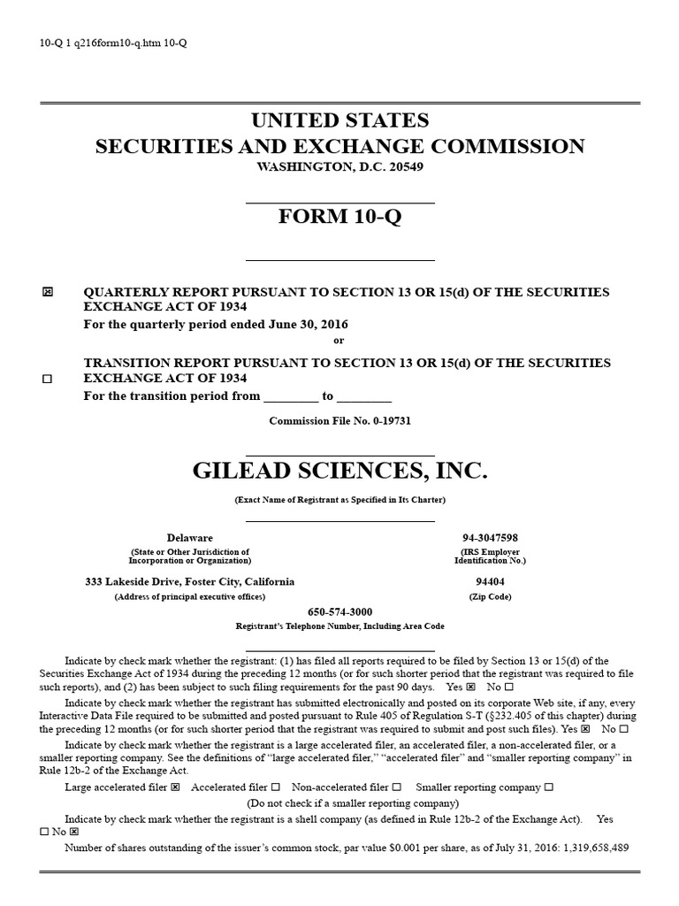 Gilead Sciences Form 10-Q 06302016 | PDF | Fair Value | Equity (Finance)