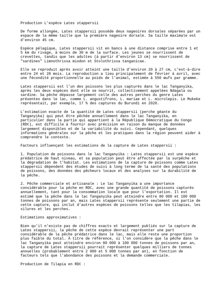 Production de Lates stappersii en RDC | PDF | Aquaculture | Surpêche