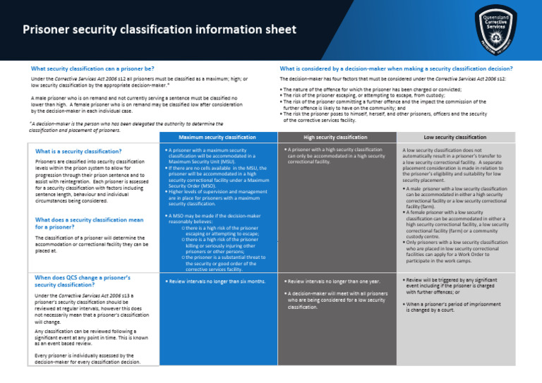 Sms Factsheet Security Classification | PDF | Prison | Prisoner