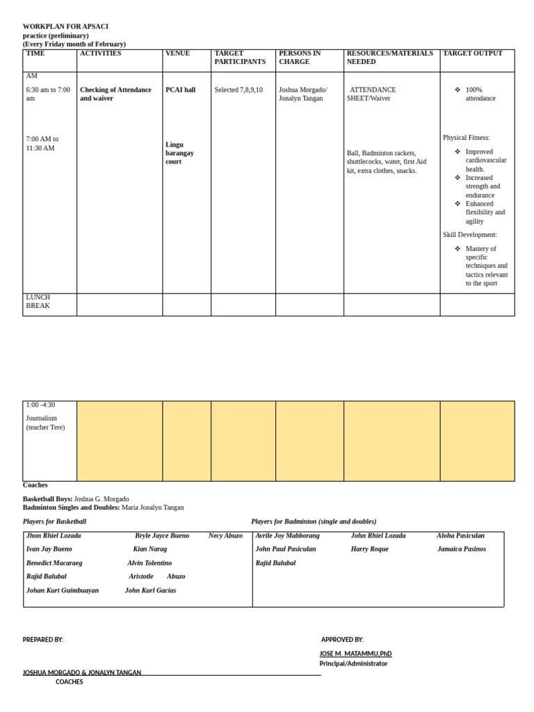 APSACI February Workplan | PDF | Olympic Sports | Games Of Physical Skill