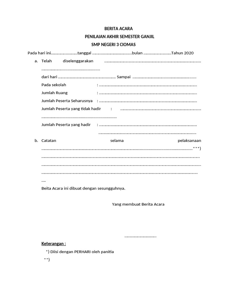 BERITA ACARA PAS SMP NEGERI 3 CIOMAS | PDF