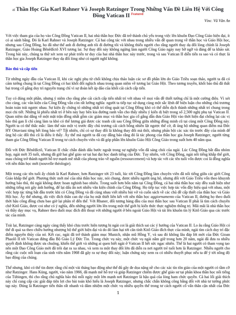 ai Thần Học Gia Karl Rahner Và Joseph Ratzinger Trong Những Vấn Đề Liên ...