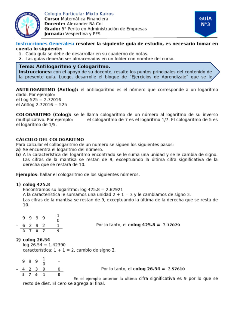 Calculo de Antilogaritmos y Cologaritmos | PDF | Logaritmo | Matemáticas