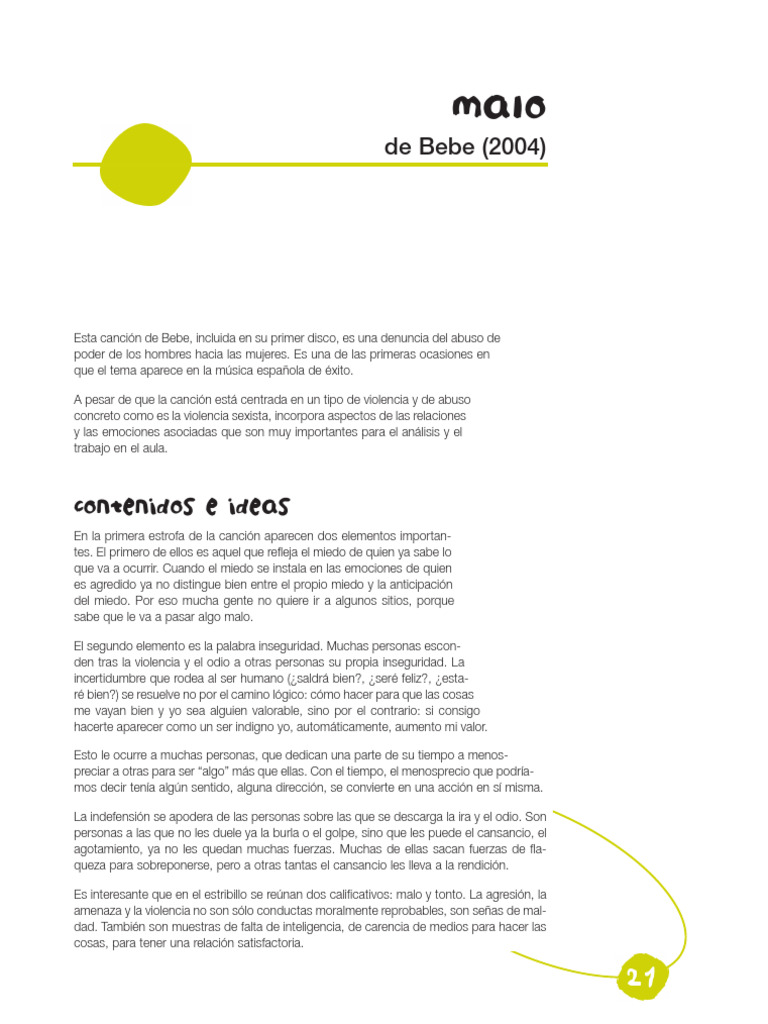 Análisis de "Malo" de Bebe: Violencia y Poder | PDF
