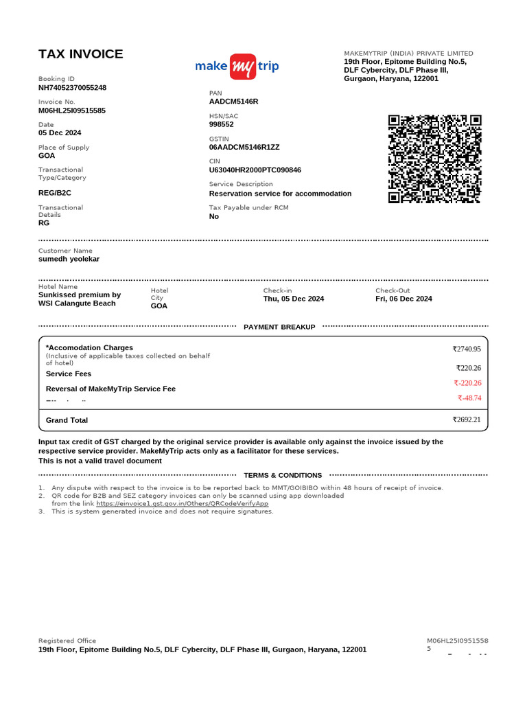 MakeMyTrip Accommodation Invoice GOA | PDF | Invoice | Business