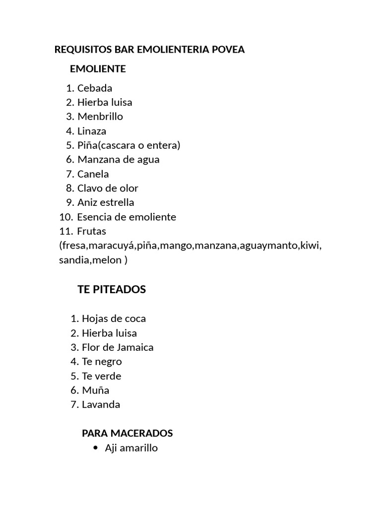 Requisitos para Bar Emolientería Povea | PDF