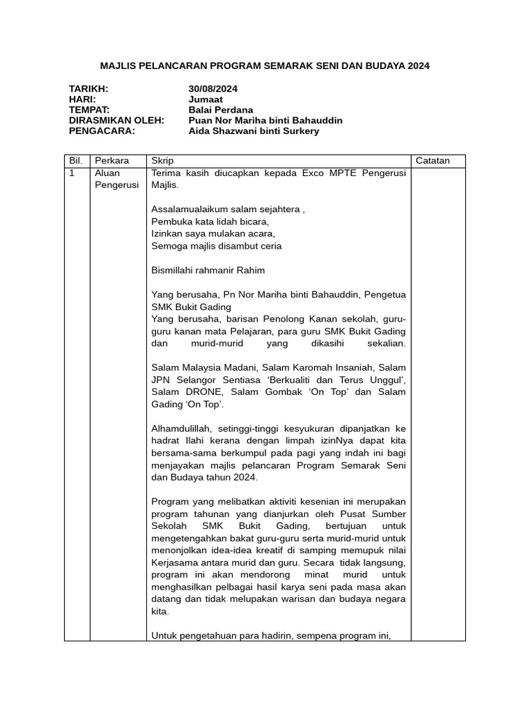 Skrip Semarak Seni Dan Budaya 2024 | PDF