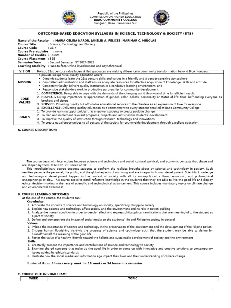 STS Outcomes-Based Education Syllabus | PDF | Science | Knowledge