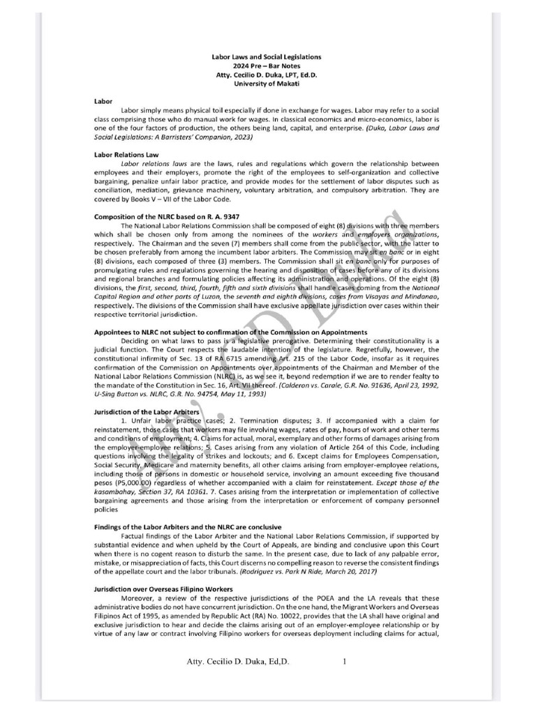 2024 Preweek Notes in Labor Law by Atty. CD Duka | PDF