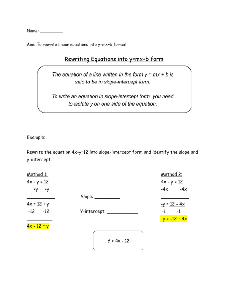 Rewriting Linear Equations Into Slope Intercept Form | PDF