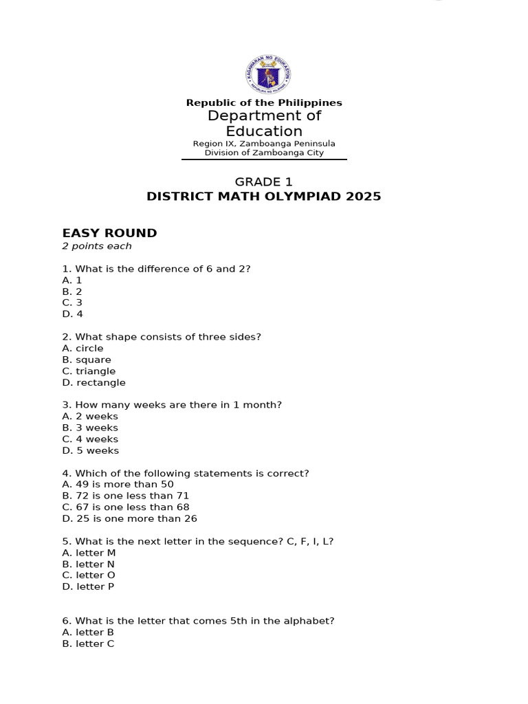 Grade 1 Math Olympiad 2025 Questions | PDF | Subtraction | Numbers