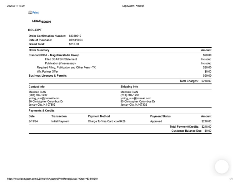 LegalZoom_ Receipt | PDF | Receipt | Payments