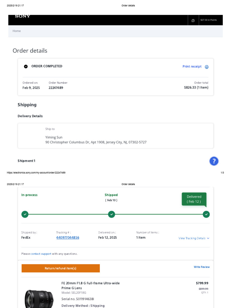 Sony Order Confirmation: FE 20mm Lens | PDF | Receipt | Payments