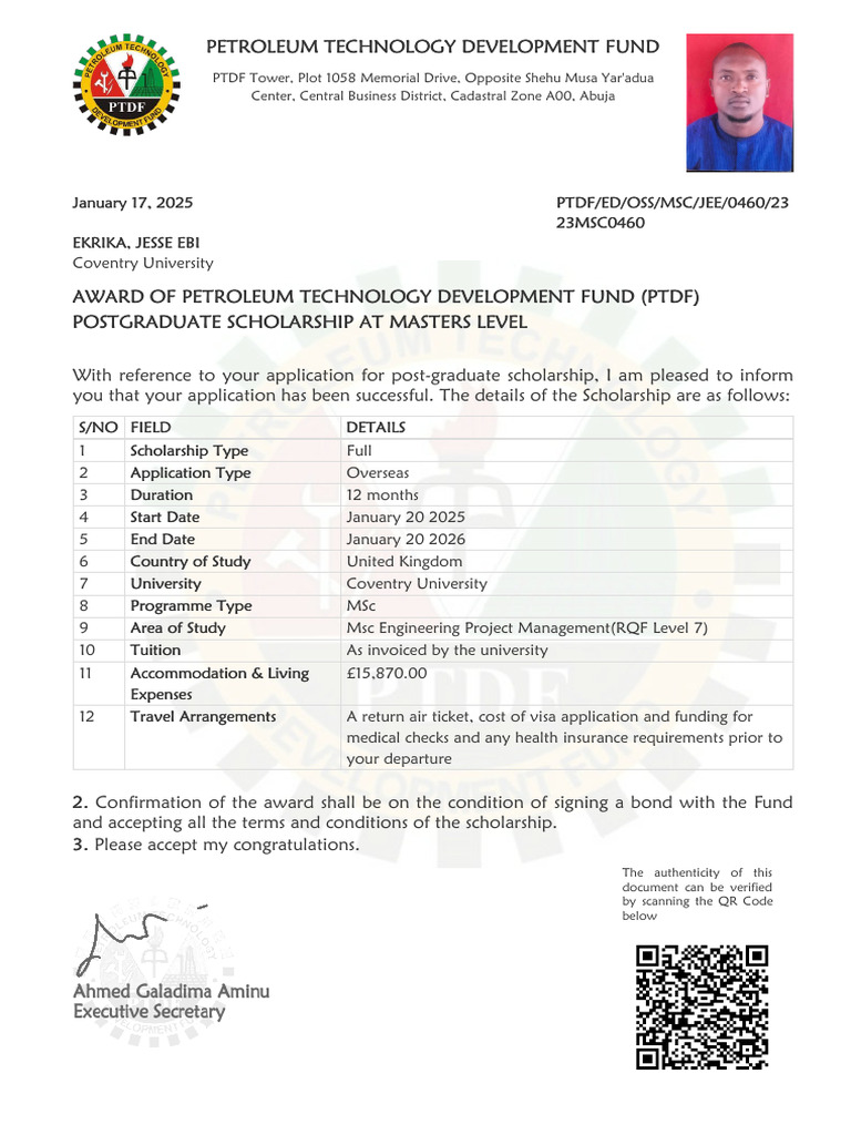 Award Letter PTDF | PDF