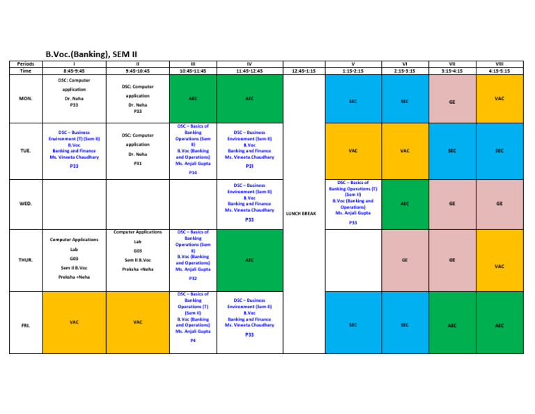 Classwise Time-Table B.Voc. Banking SEM II | PDF