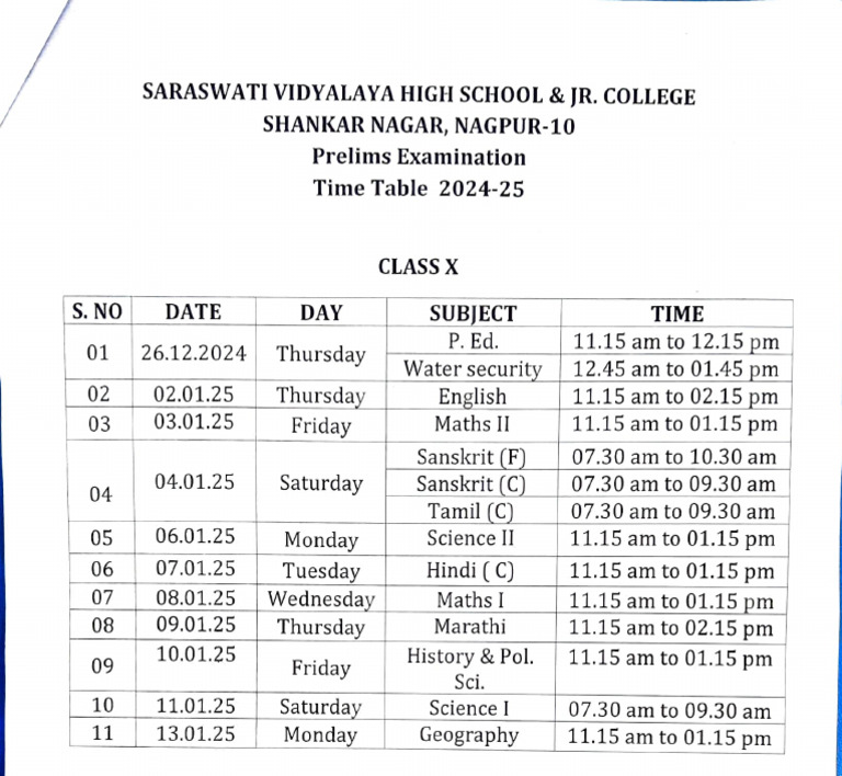 10th - Timetable (Prelims) | PDF