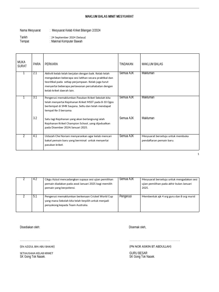 MAKLUMA BALAS KRIKET 2 2024 | PDF