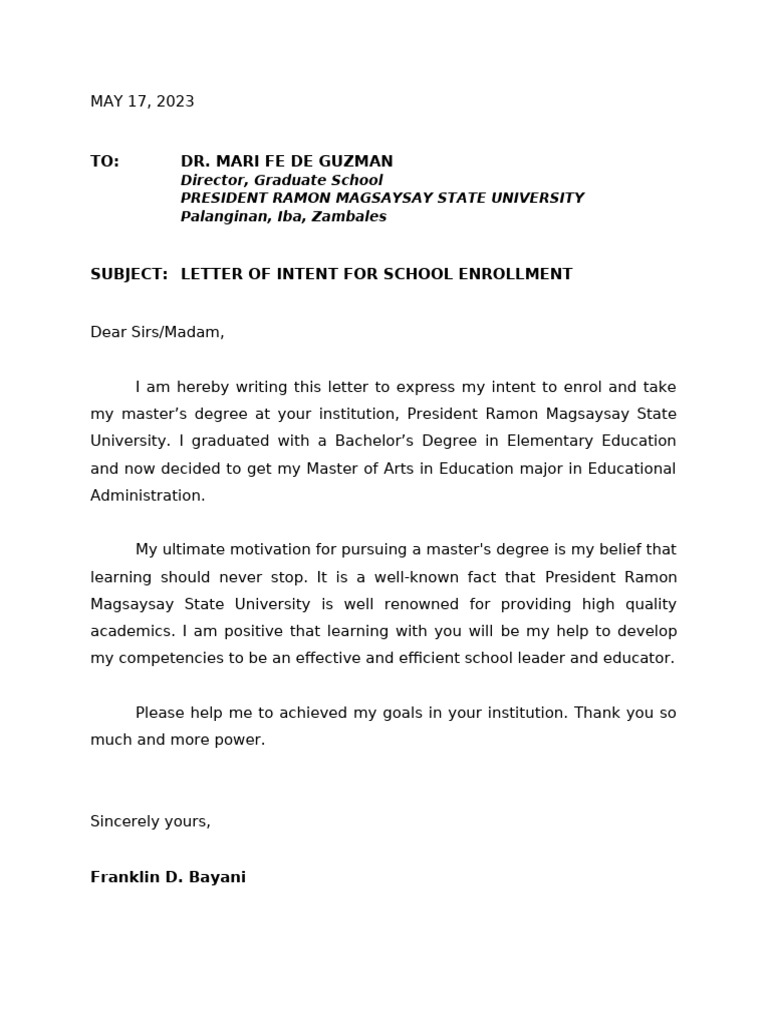 Letter of Intent for Master's Enrollment | PDF