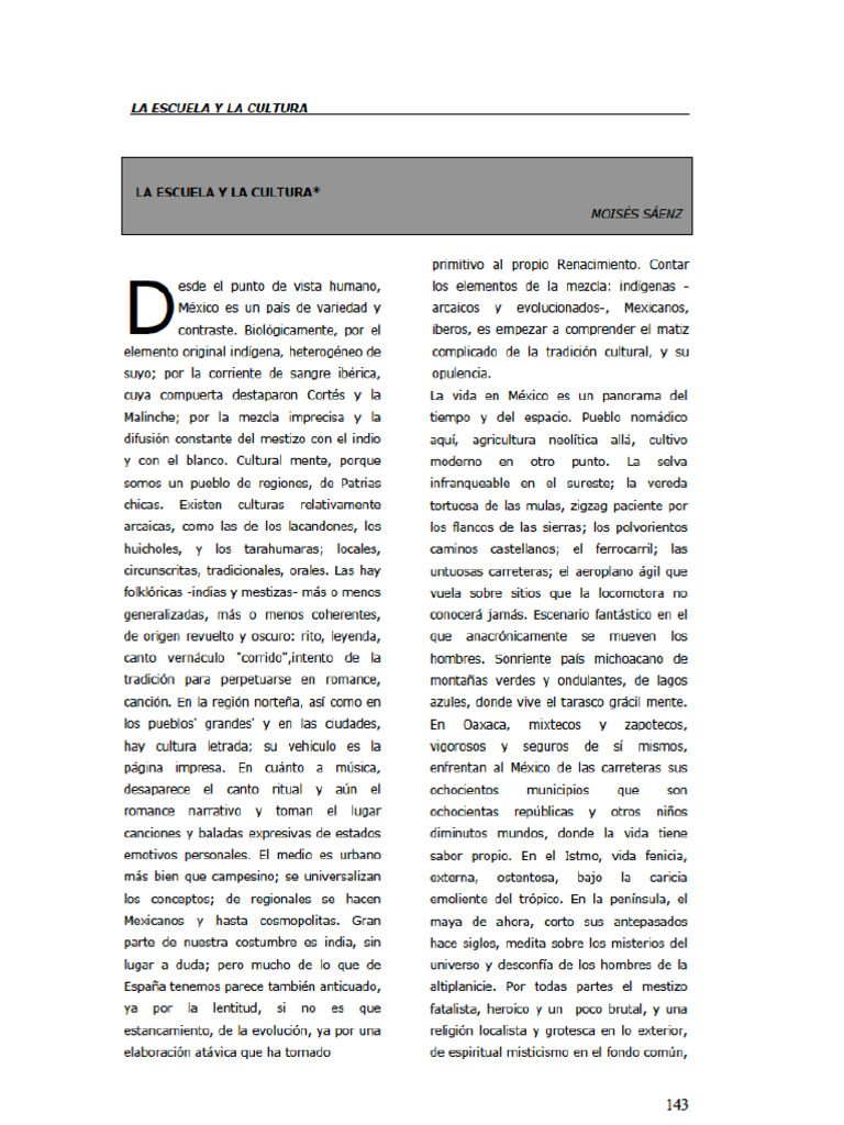 La escuela y la cultura Moises Saenz | PDF