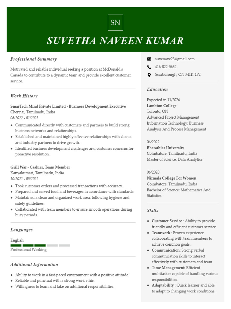 Suvetha Naveen CV - McDonalds | PDF | Cognition | Learning