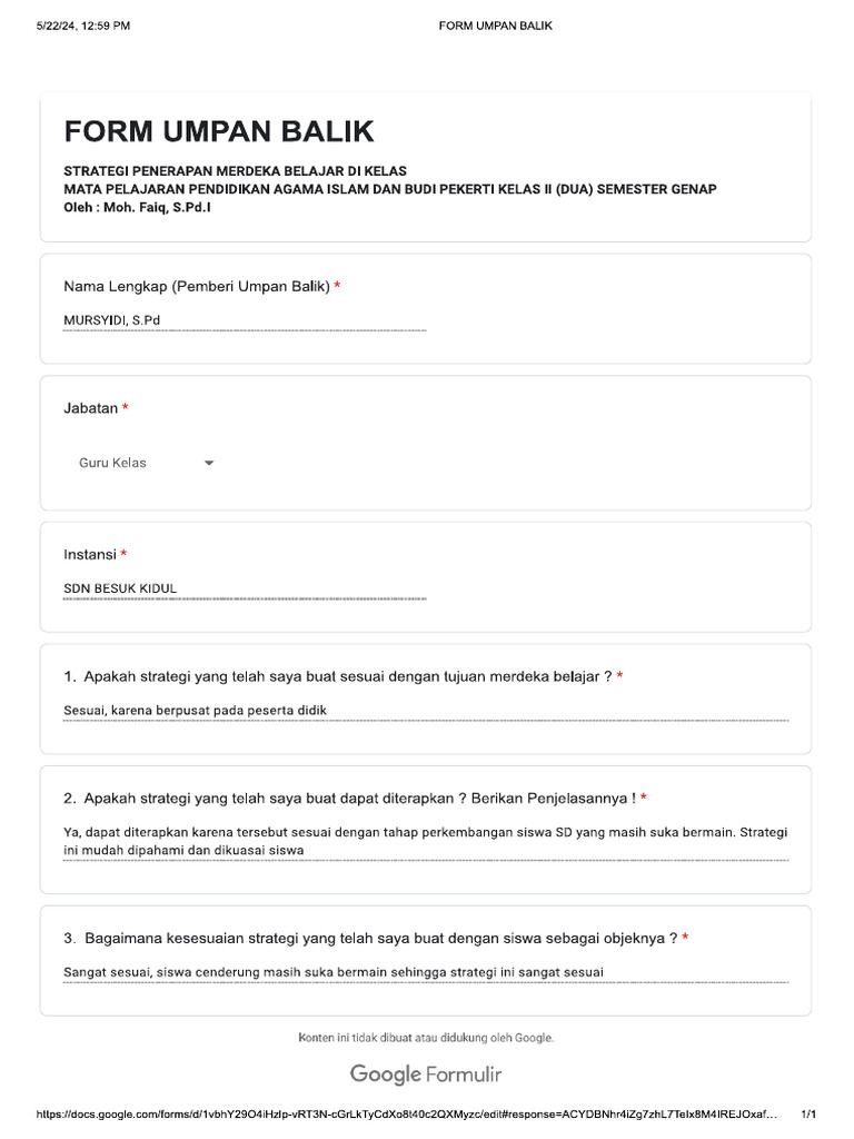 Form Umpan Balik - Mursyidi | PDF