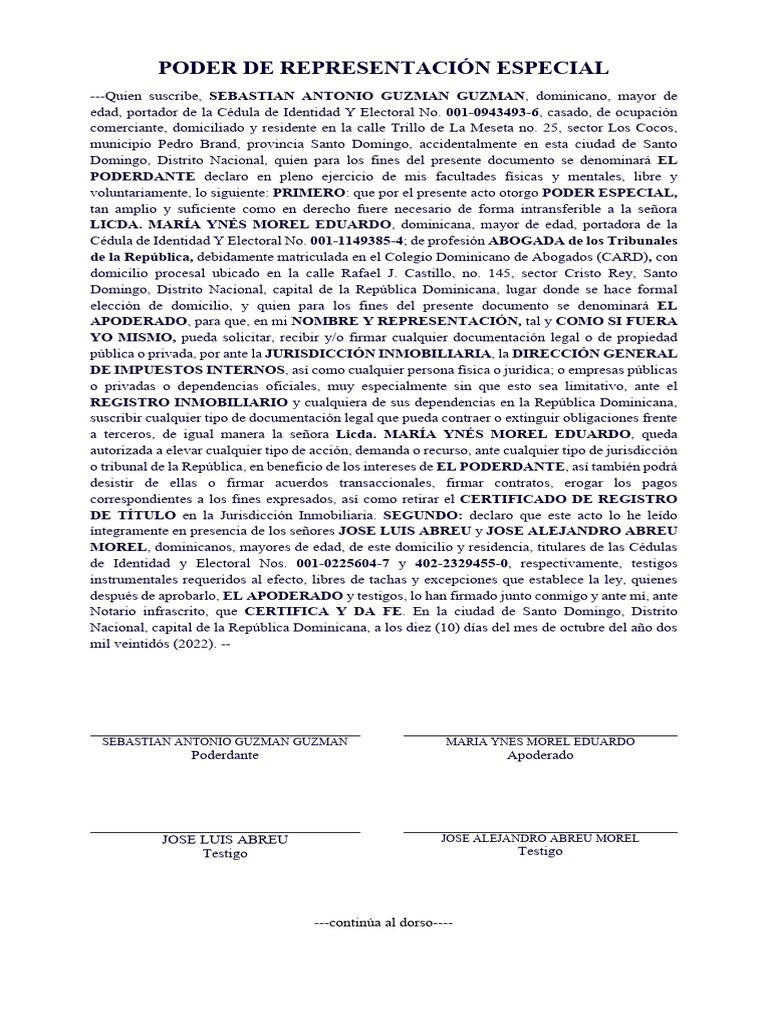 Plantilla Poder de Representacion Sebastian | PDF | República Dominicana | Abogado