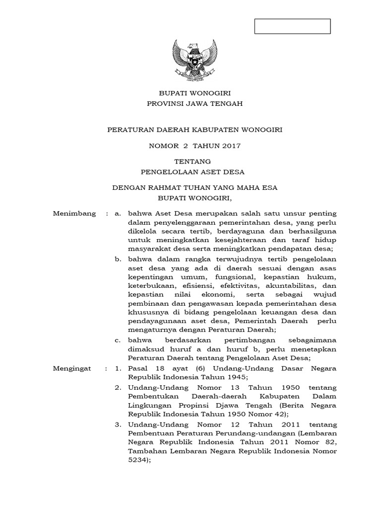 Perda 2 Tahun 2017 Tentang Pengelolaan Aset Desa - Salinan | PDF