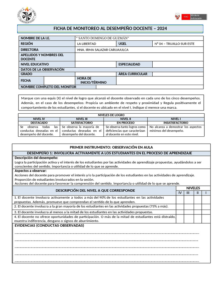 Ficha de Monitoreo Al Desempeño Docnete 2024 | PDF | Creatividad ...