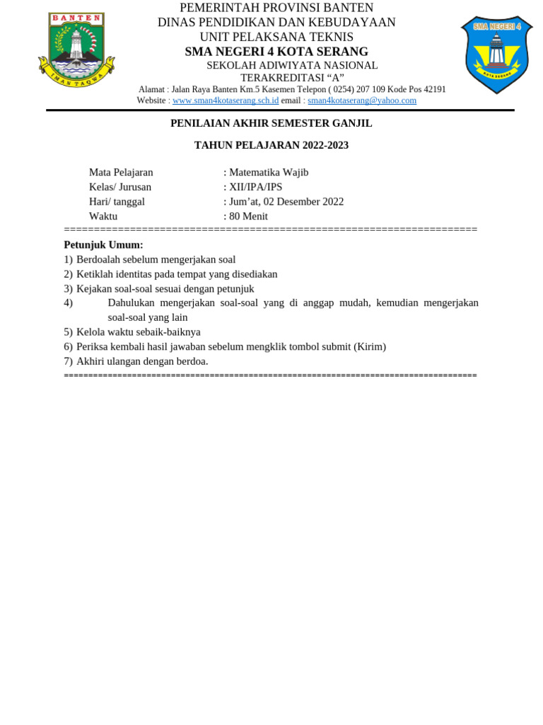 B. Soal Dan Kunci Jawaban Pas Matematika Wajib Kelas Xii Ipa-Ips | PDF