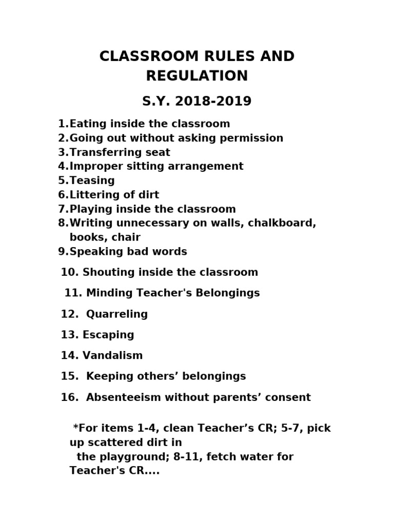 Classroom Rules and Regulation Yes-O 2018-2019 | PDF | Waste Management ...
