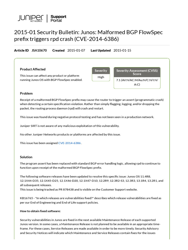 2015-01 Security Bulletin - Junos - Malformed BGP FlowSpec Prefix ...