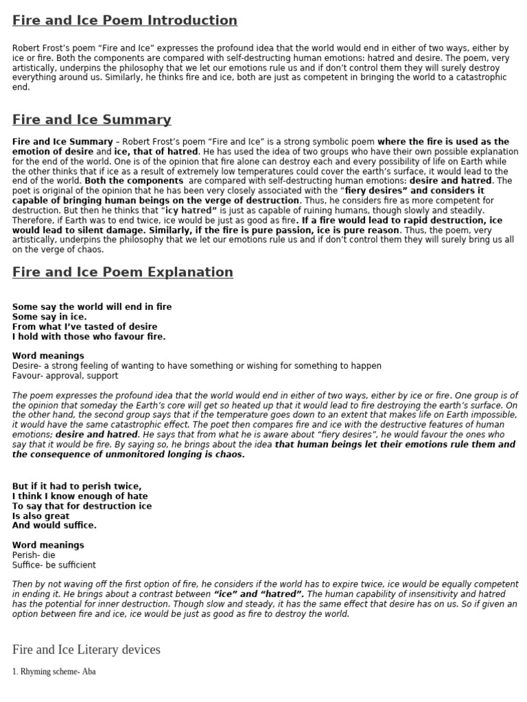 Fire and Ice Poem Introduction | PDF | Hatred | Greed