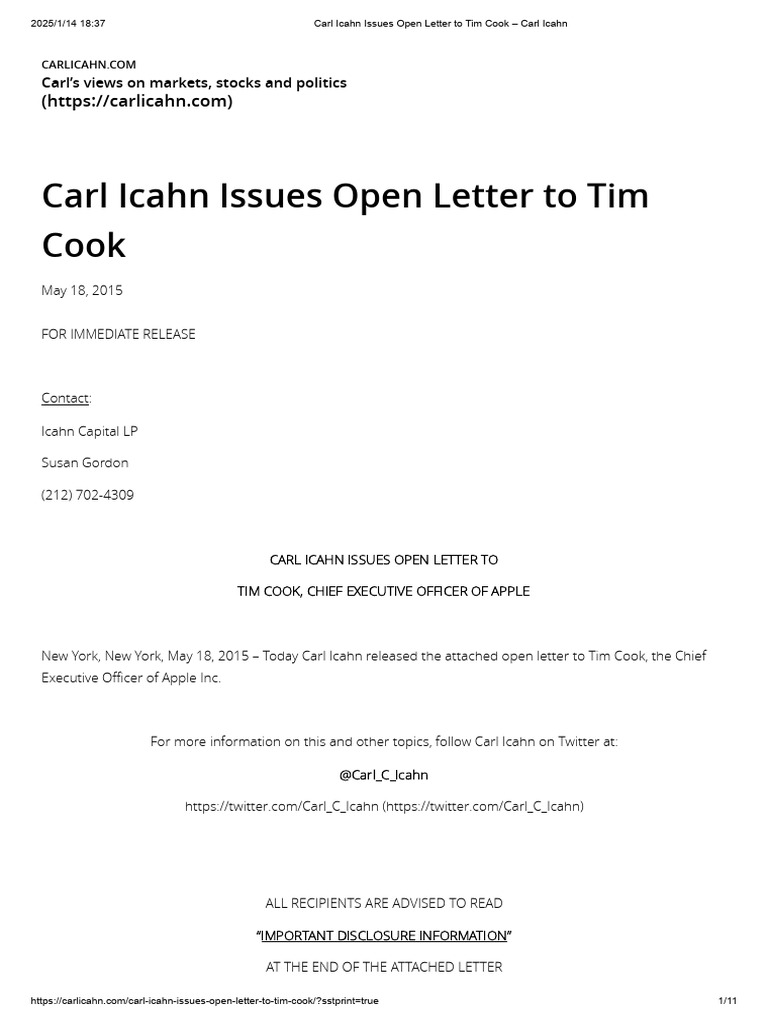 Carl Icahn Issues Open Letter to Tim Cook – Carl Icahn3 | PDF | Share ...