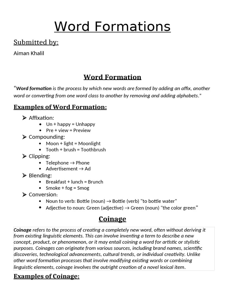 Word Formations | PDF | Word | Grammatical Number