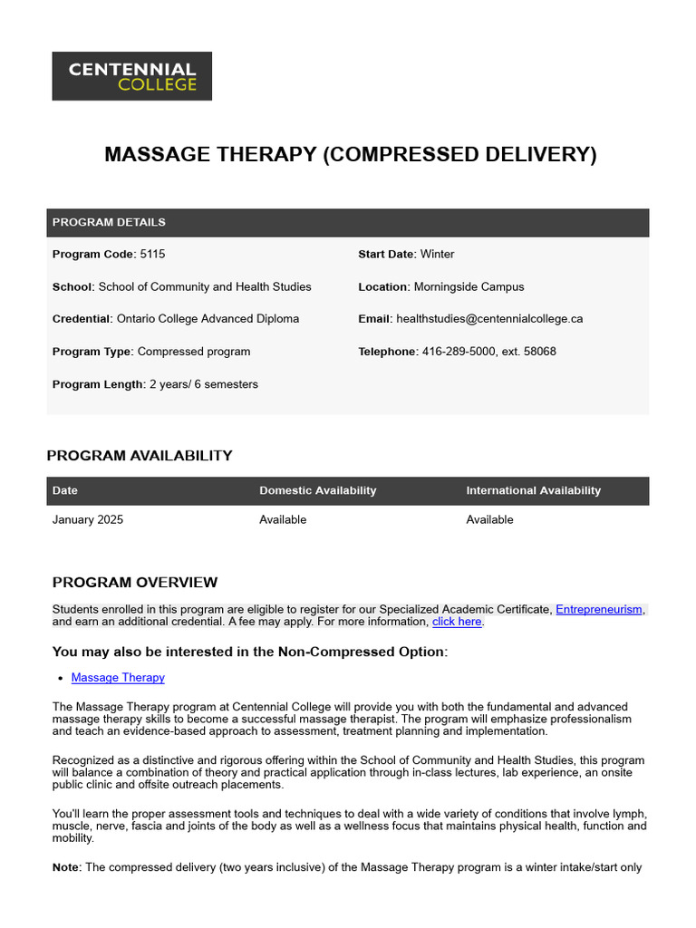 Massage Therapy (Compressed Delivery) - Centennial College | PDF | Massage | Physical Therapy