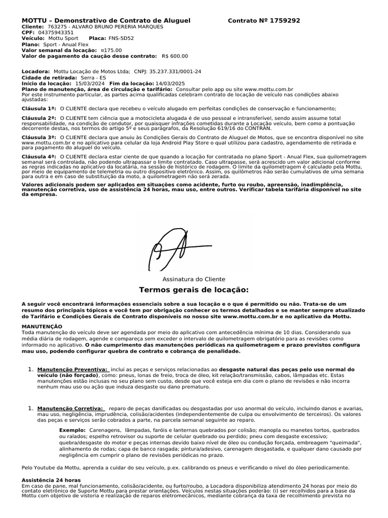 Mottu - Demonstrativo de contrato - 1759292-1 | PDF | Aplicativo para ...