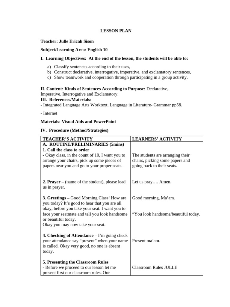 Julle Detailed Lesson Plan DEMO | PDF | Sentence (Linguistics) | Question