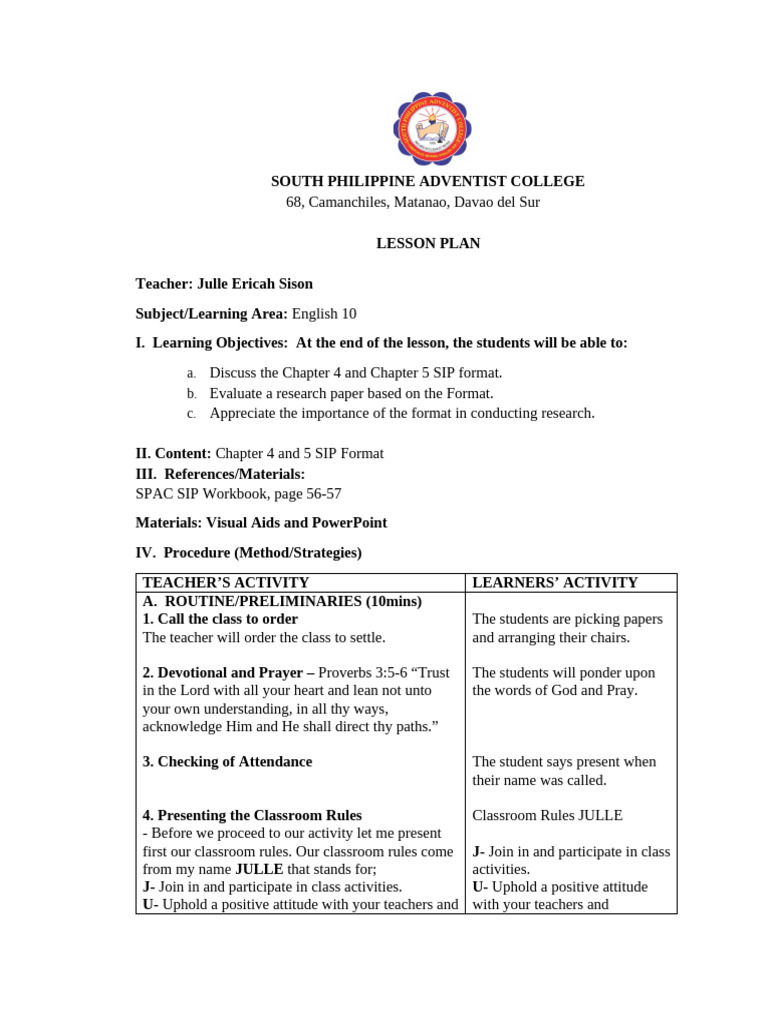 Julle-Semi Detailed Lesson-Plan ENGLISH 10 SIP Format | PDF | Lesson ...